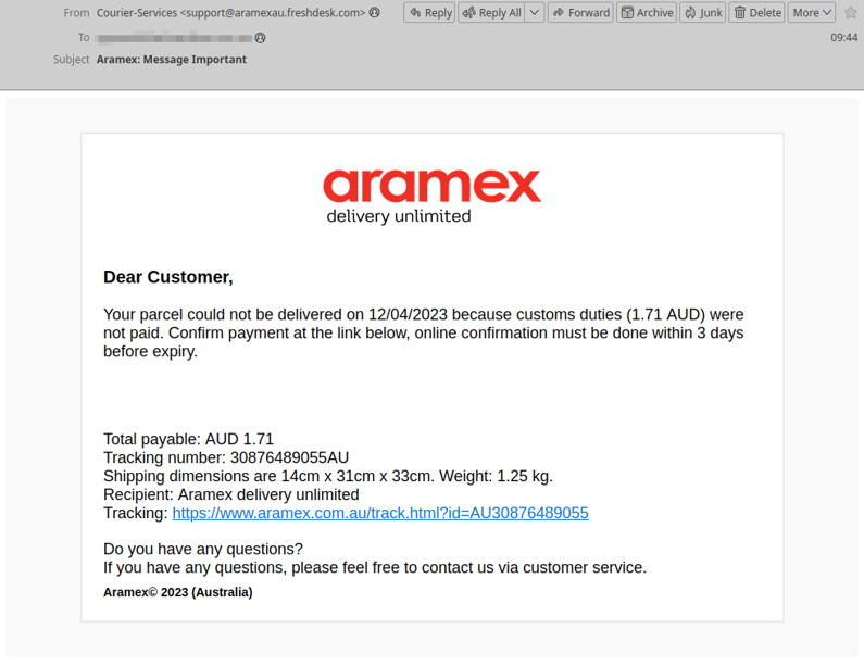 Aramex Scam Email Warns of Unpaid Customs Duties